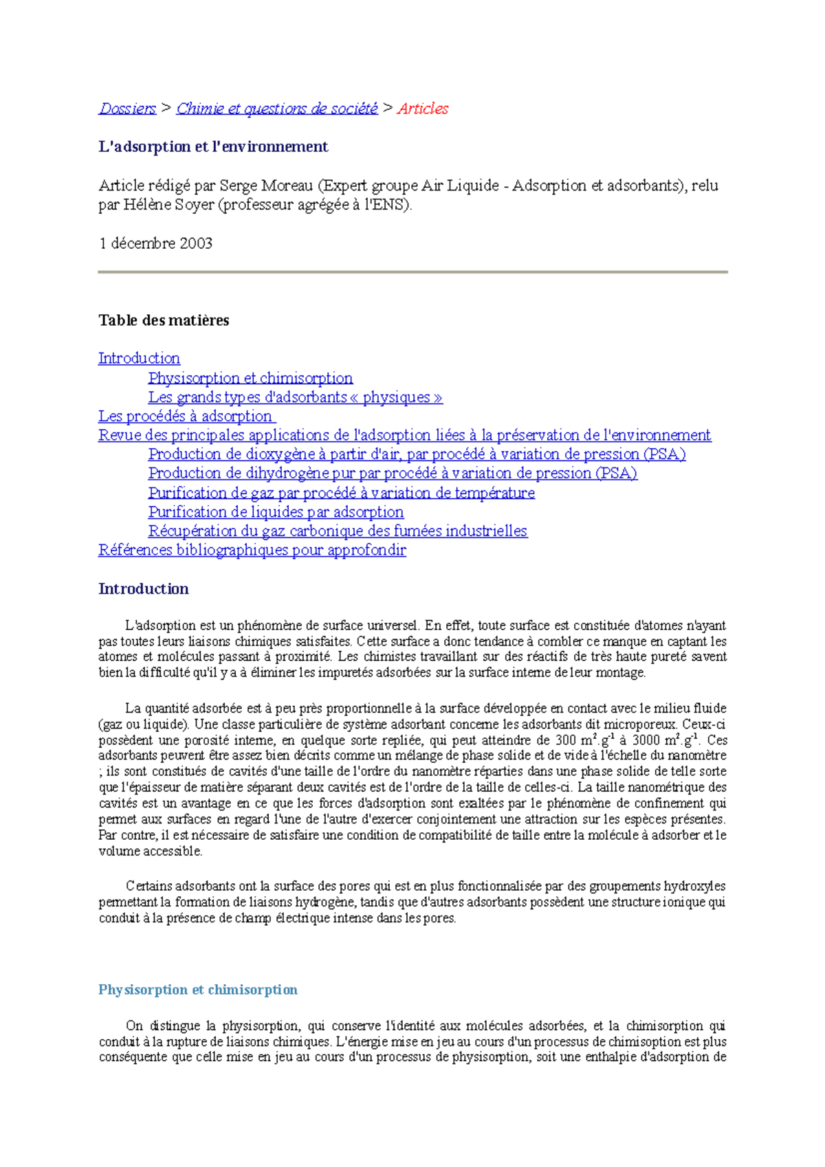 Adsorption - 1 décembre 2003 Table des matières Introduction ...
