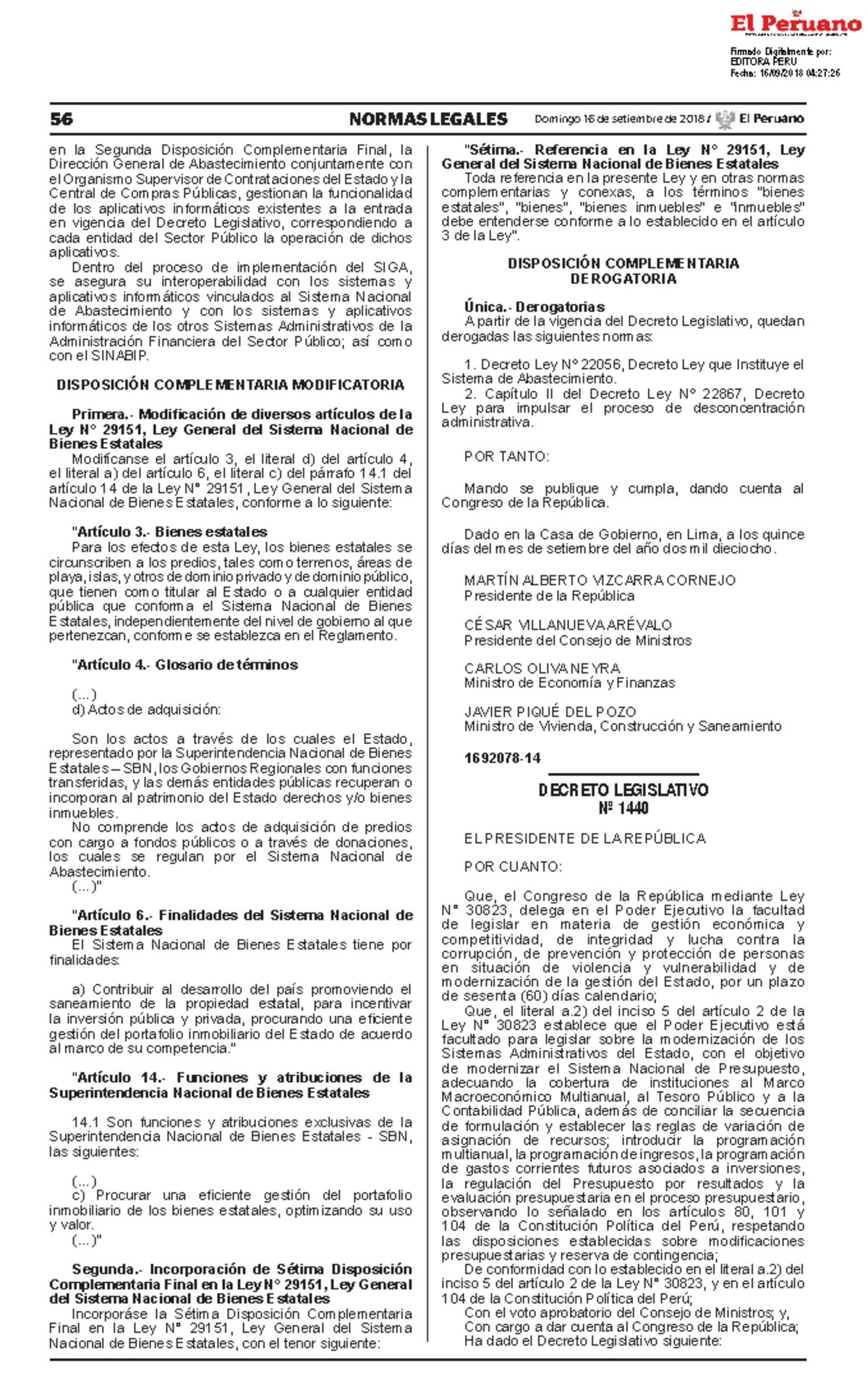 L1-DL 1440 Sistema Presupuesto publico - 56 NORMAS LEGALES Domingo 16 ...