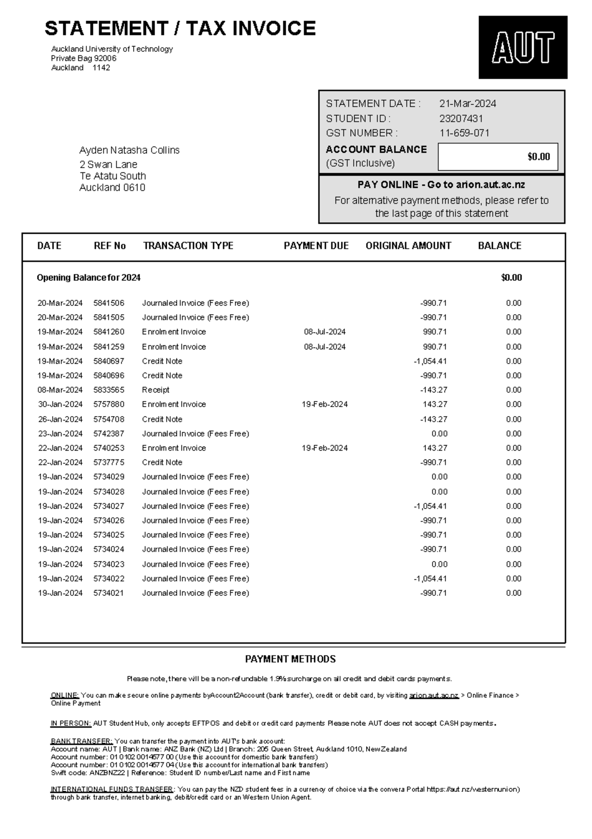 Fnzerobal-614177 - yer - $0. 23207431 STATEMENT / TAX INVOICE GST ...