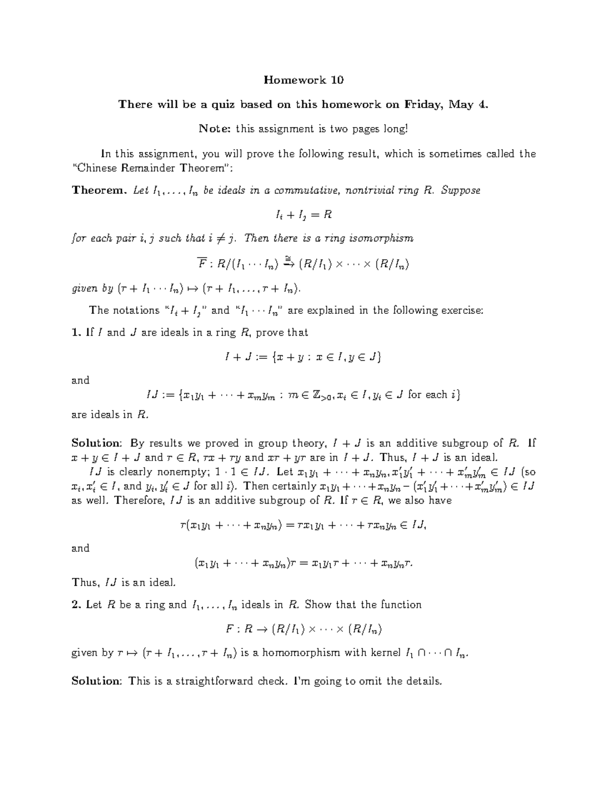 HW10 - Answers Included - Homework 10 There will be a quiz based on ...