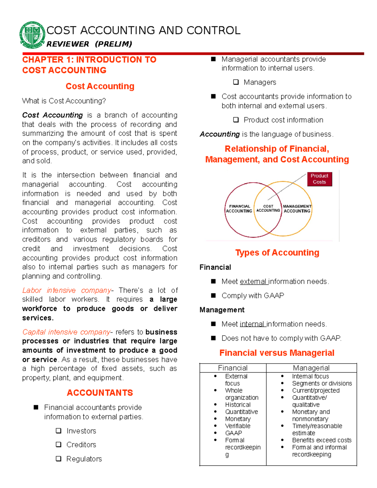 COST-ACC( Prelims) - REVIEWER (PRELIM) CHAPTER 1: INTRODUCTION TO COST ...