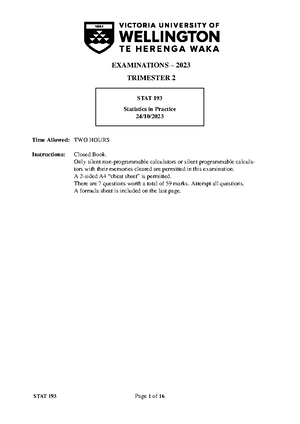Summary of STAT193 VUW - Map of STAT193 “Statistics in Practice ...