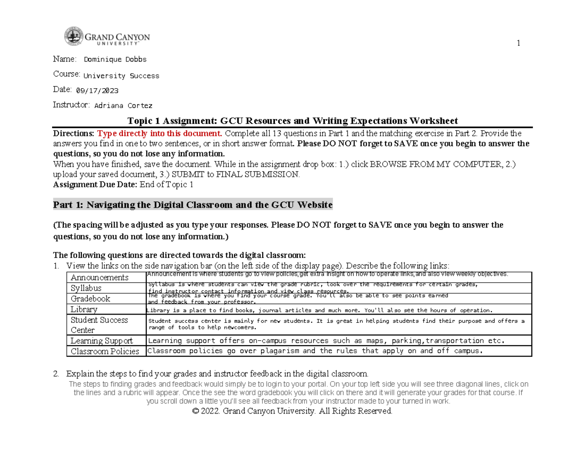 2023 - Name: Course: Date: Instructor: Topic 1 Assignment: GCU ...