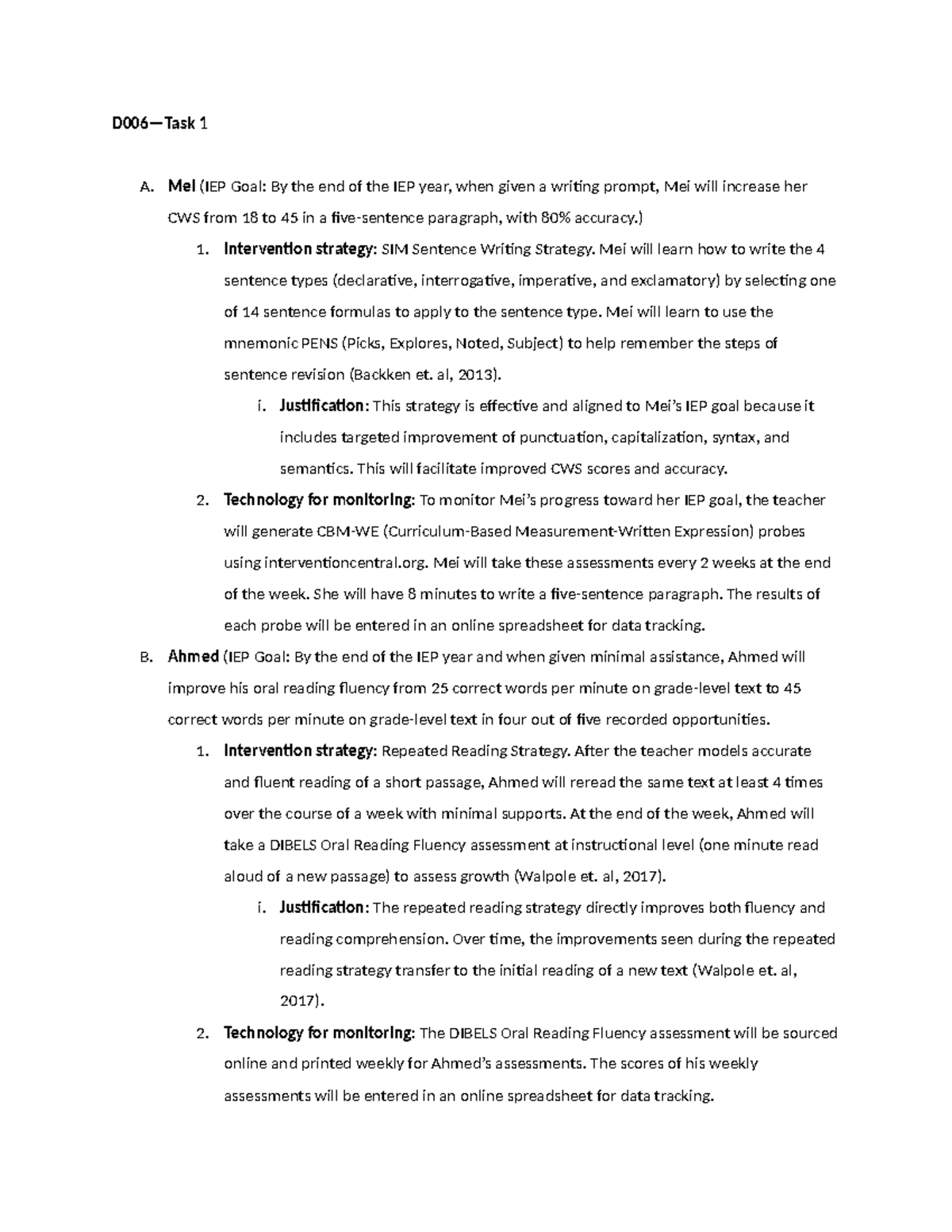 D006 Task 1 - Task 1 - D006—Task 1 A. Mei (IEP Goal: By the end of the ...