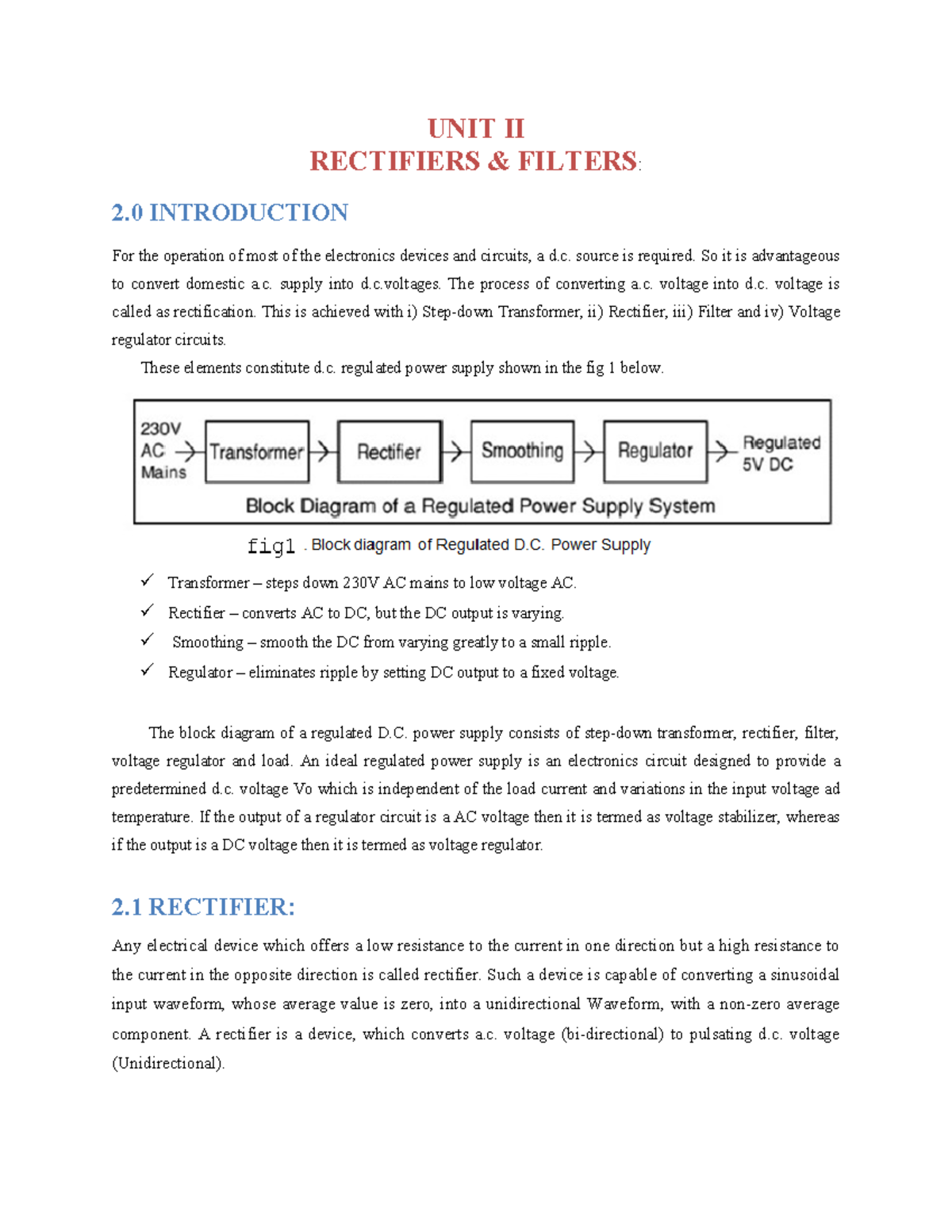 Edc unit 2 rectifiers and filters - UNIT II RECTIFIERS & FILTERS: 2 INTRODUCTION For the - Studocu