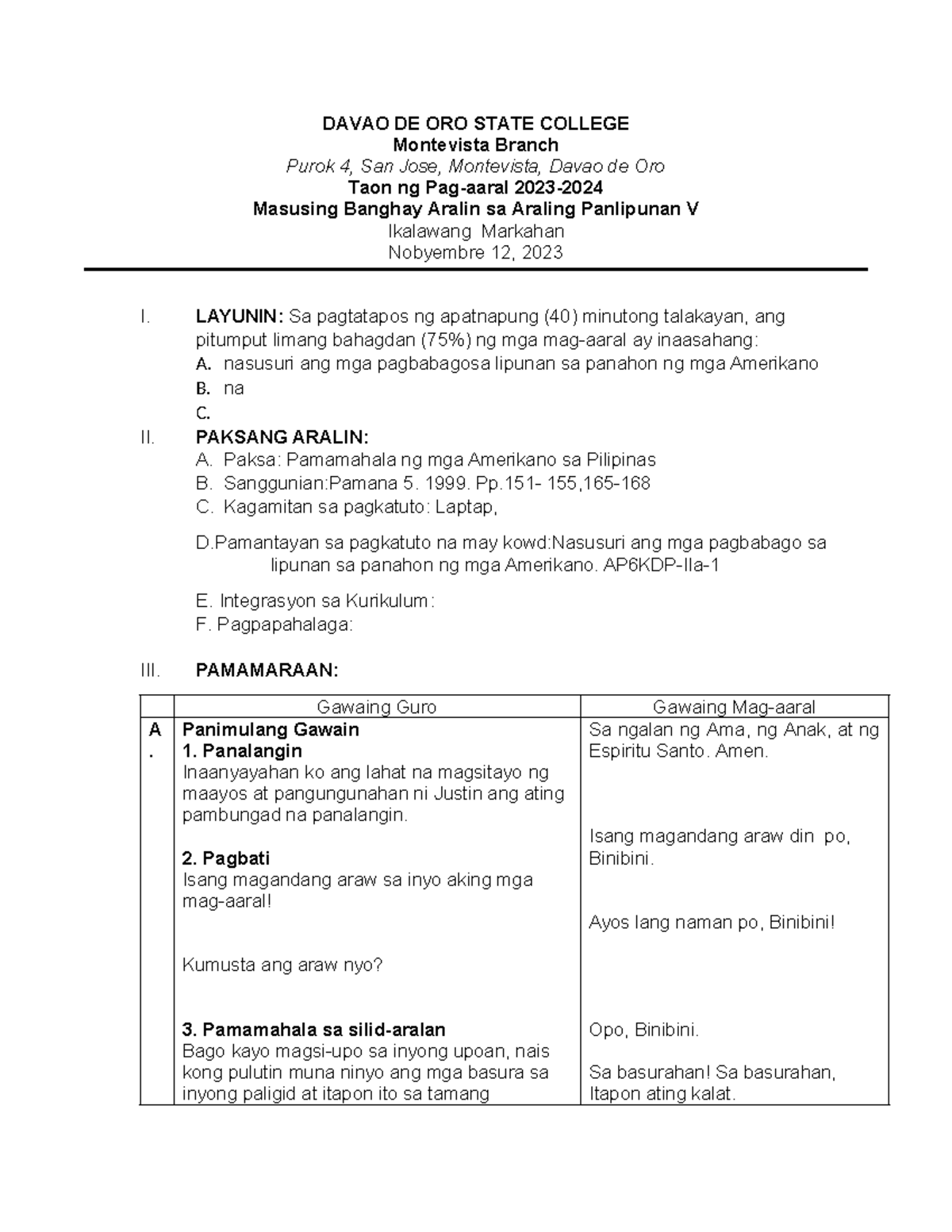 AP-LP.docx lesson plan sa AP - DAVAO DE ORO STATE COLLEGE Montevista ...