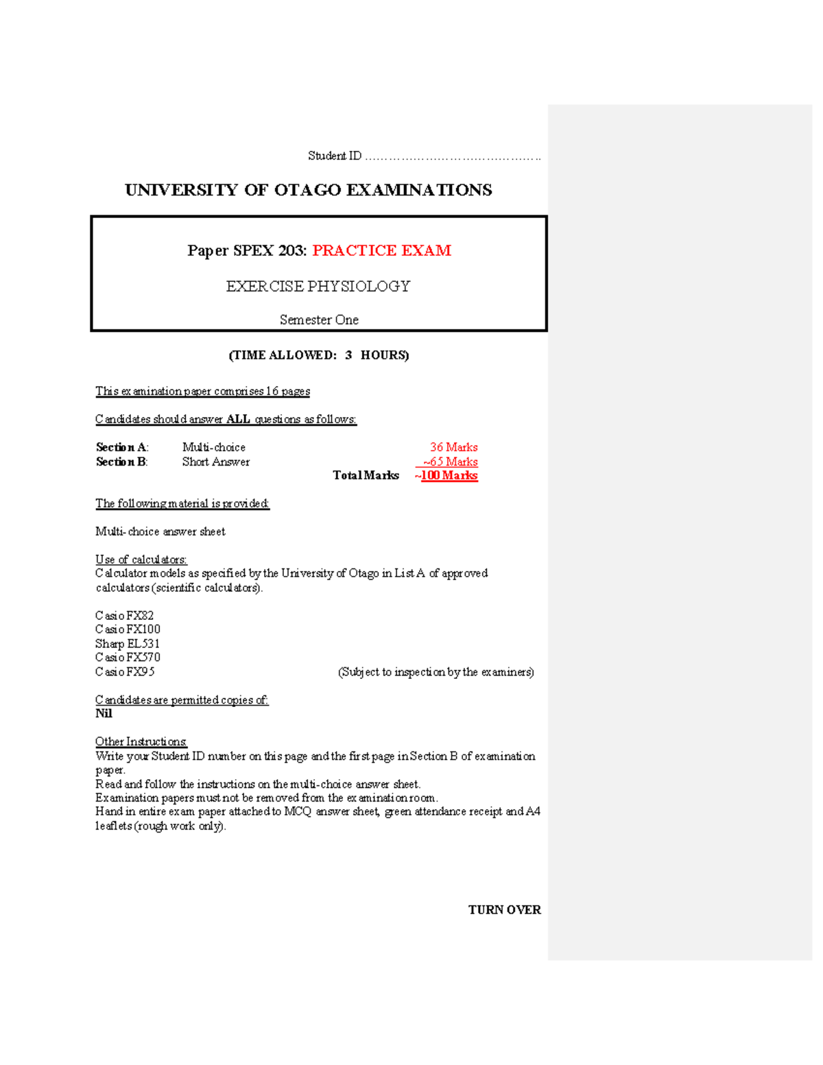 SPEX203 Practice Exam for 2022 Answers and notes - Student ID ...