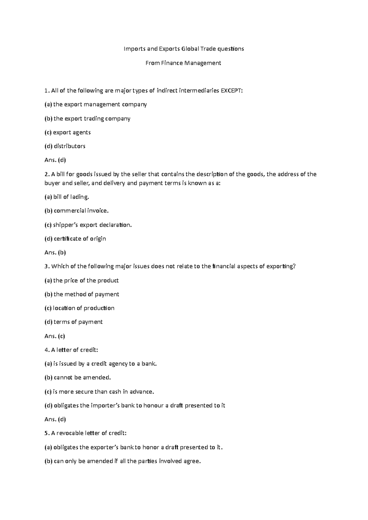 Imports and Exports Global Trade questions From Finance Management - (d ...