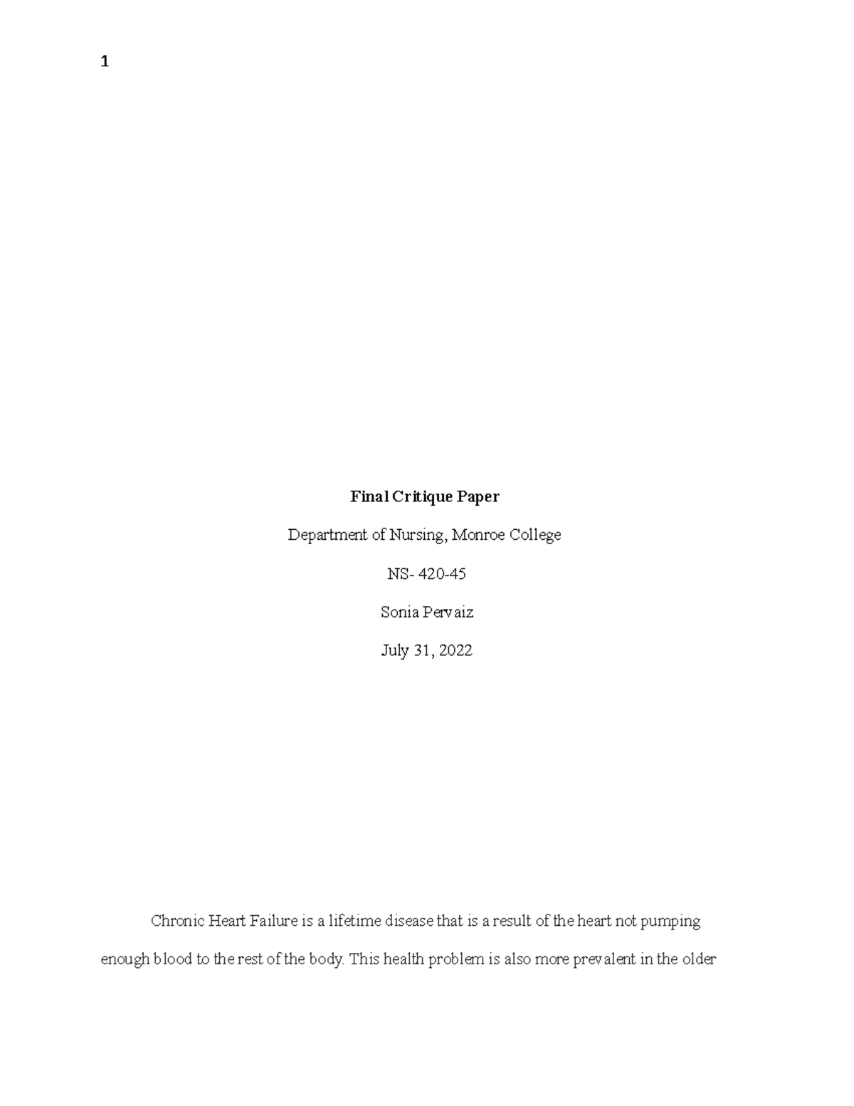 Final Critique Paper - Final Critique Paper Department of Nursing, Monroe College NS- 420- Sonia ...