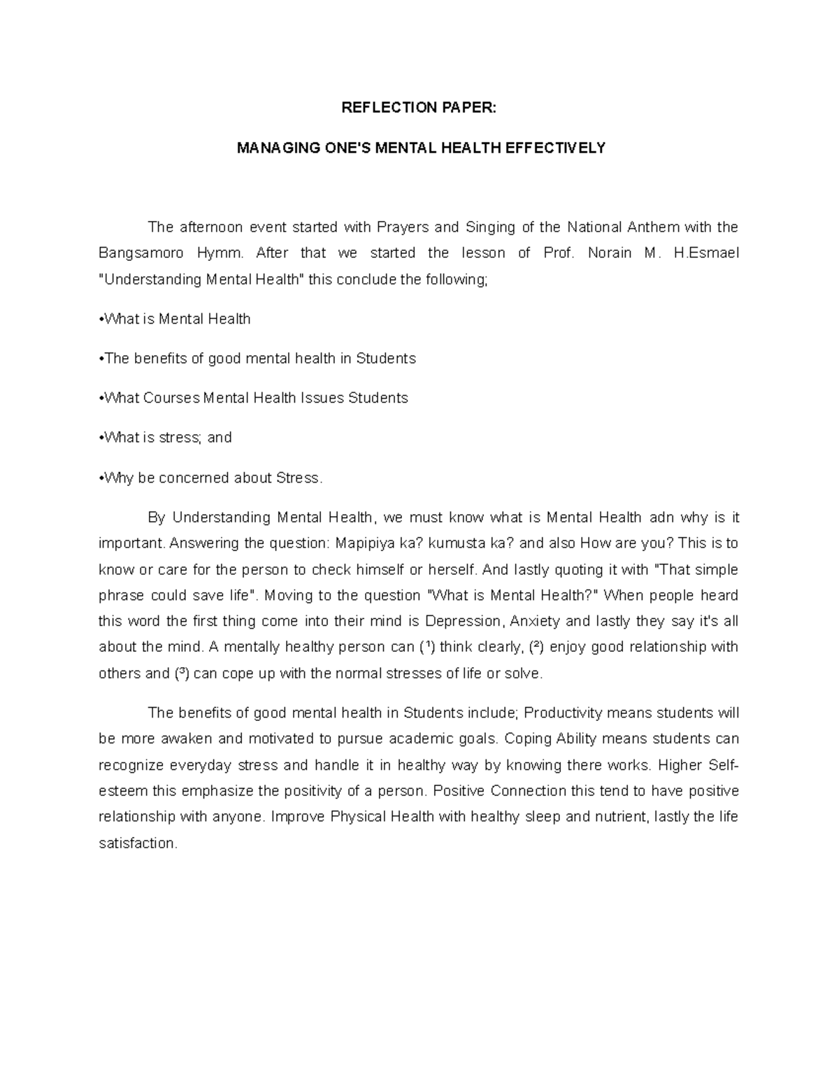Reflection paper - REFLECTION PAPER: MANAGING ONE'S MENTAL HEALTH ...