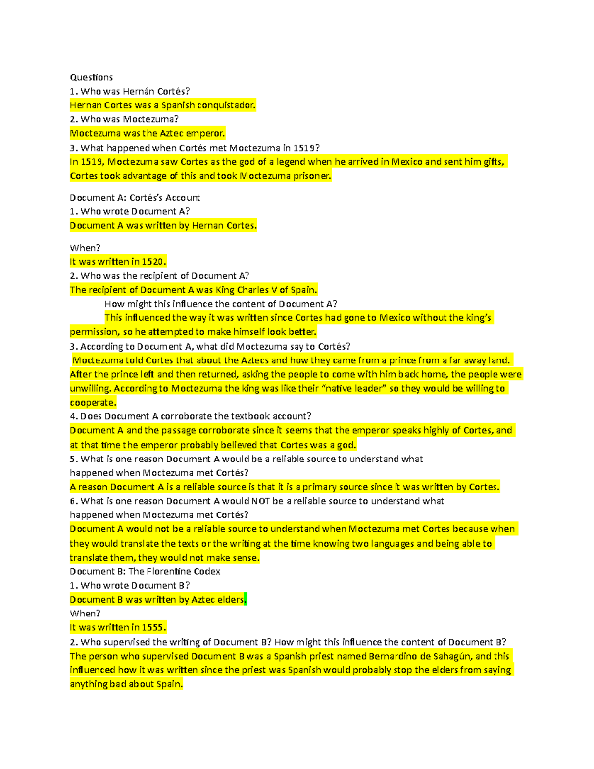 DBQ Cortes - Questions Who was Hernán Cortés? Hernan Cortes was a ...