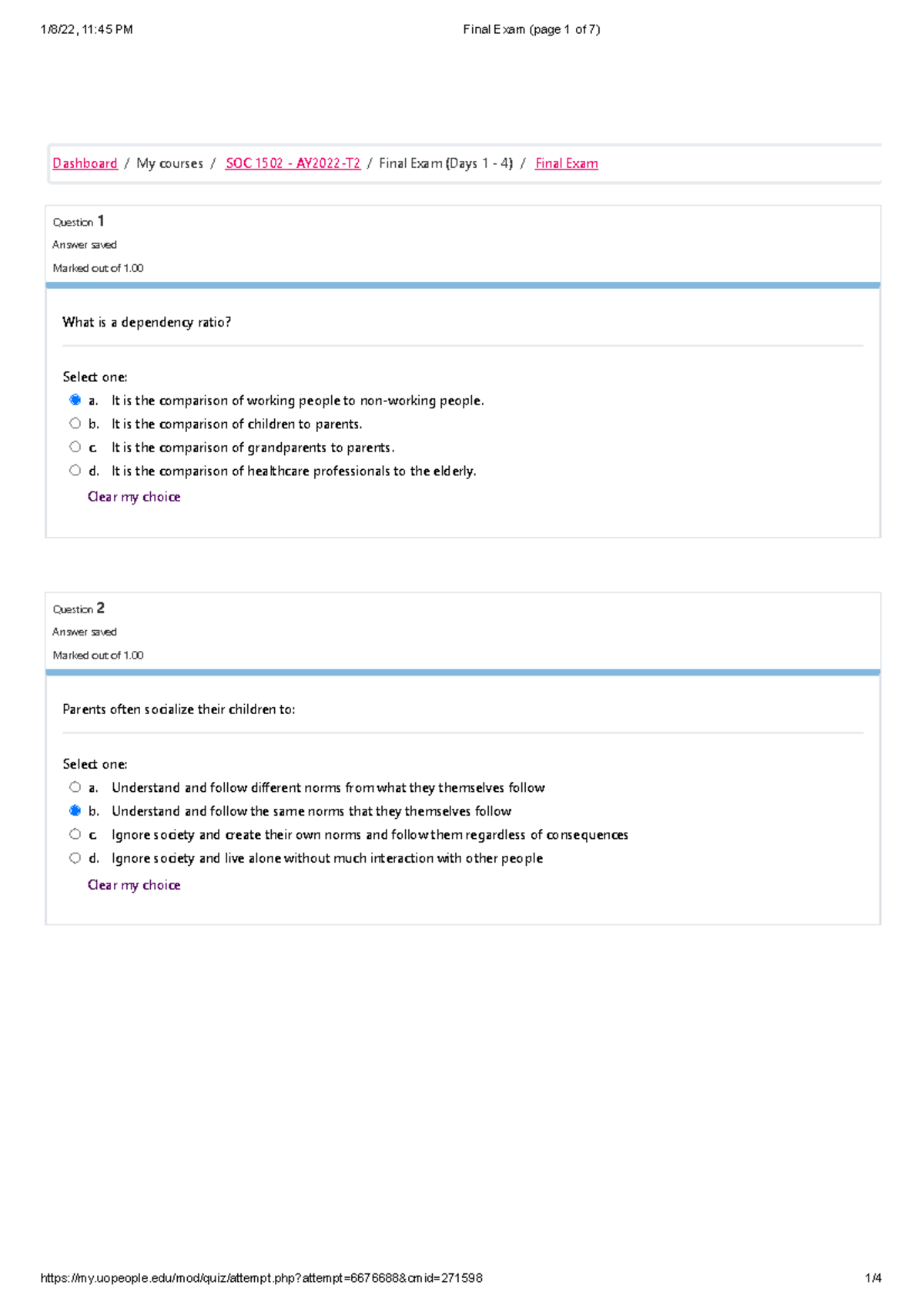 Final Exam (page 1 of 7) - exam - Question 1 Answer saved Marked out of ...