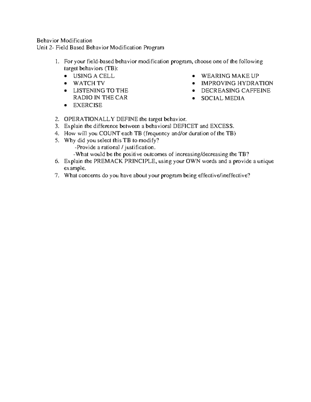 Behavior Modification Unit 2 Assignment - Behavior Modification Unit 2- Field Based Behavior ...