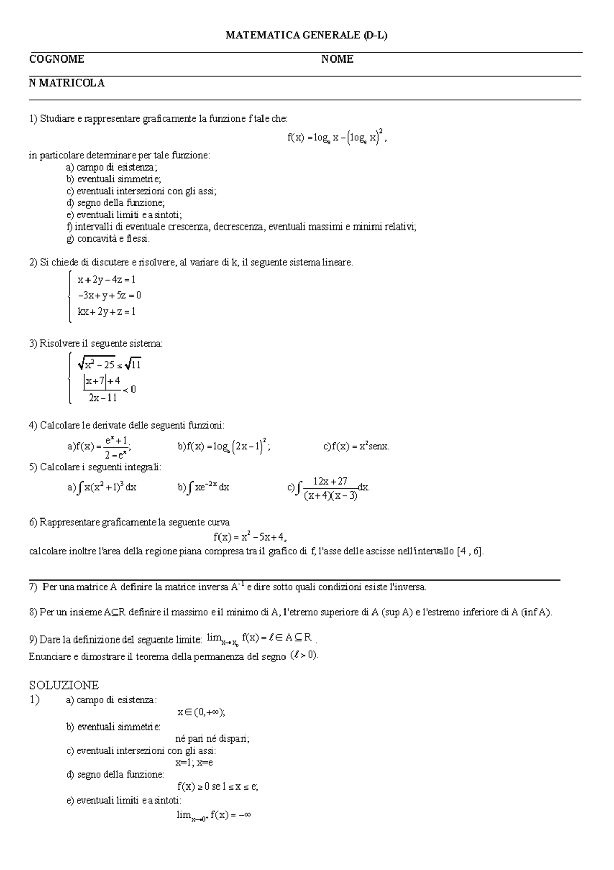 Esercitazione Matematica Genova D-L - MATEMATICA GENERALE (D-L) - Studocu