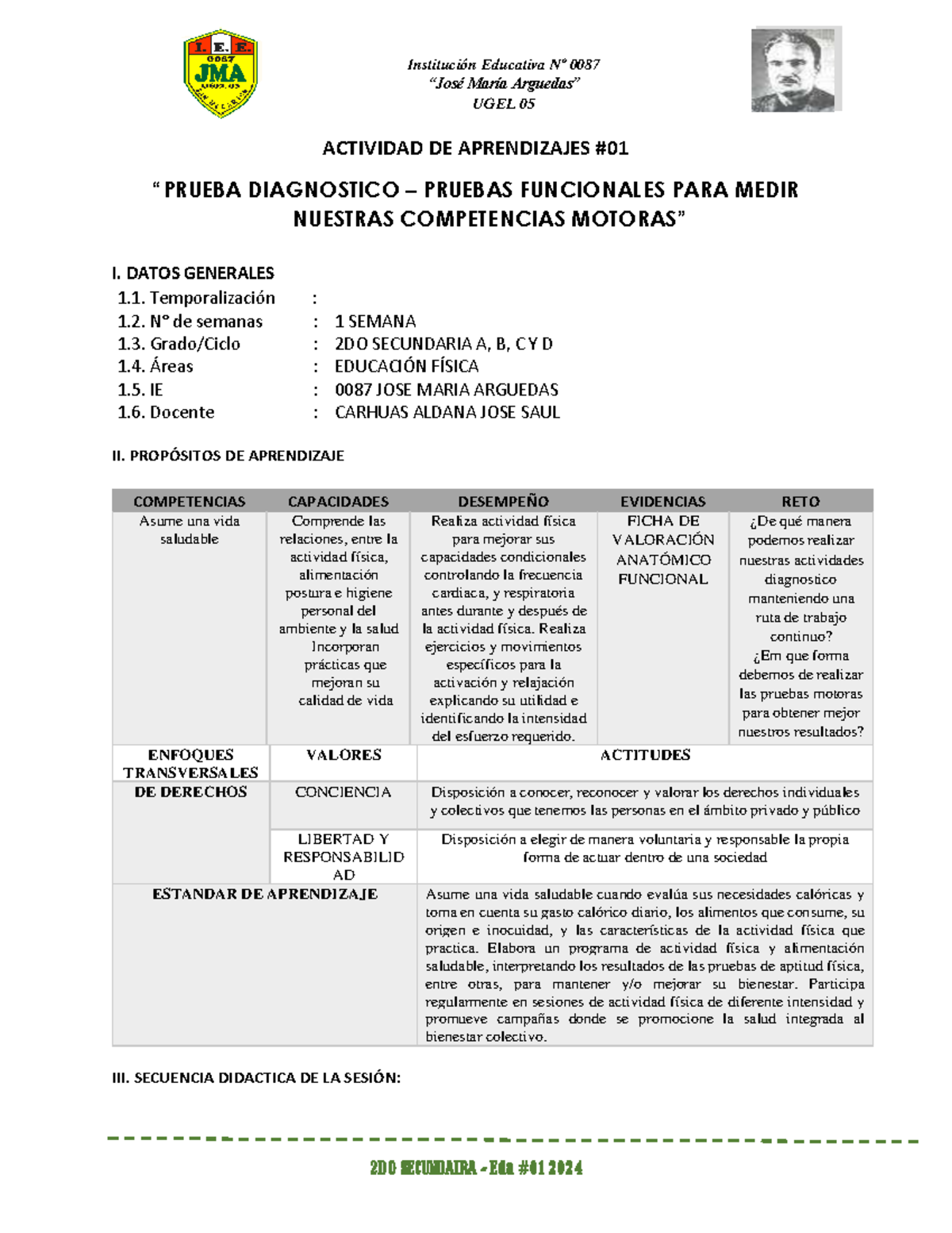 Sesión #01 EDA 1 2DO SEC - “José María Arguedas” UGEL 05 ACTIVIDAD DE APRENDIZAJES #0 1 “PRUEBA ...