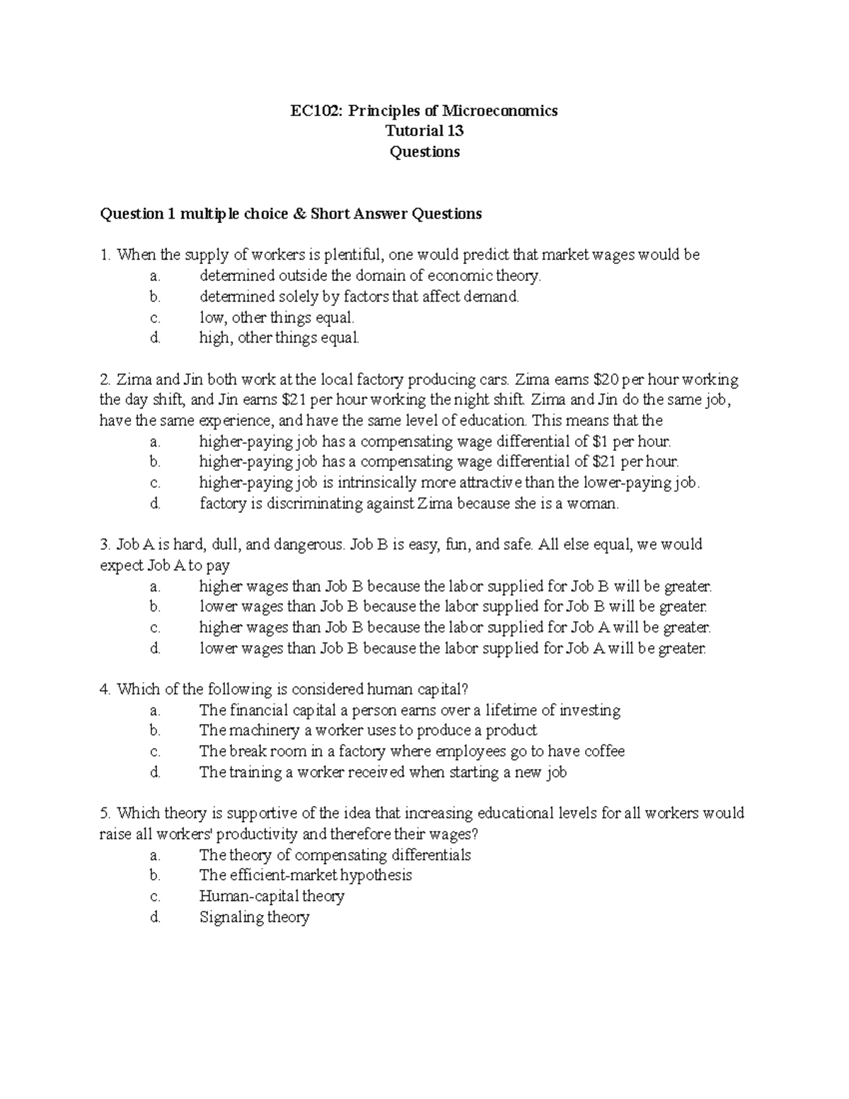 EC102 Tutorial 13 Questions - EC102: Principles of Microeconomics ...