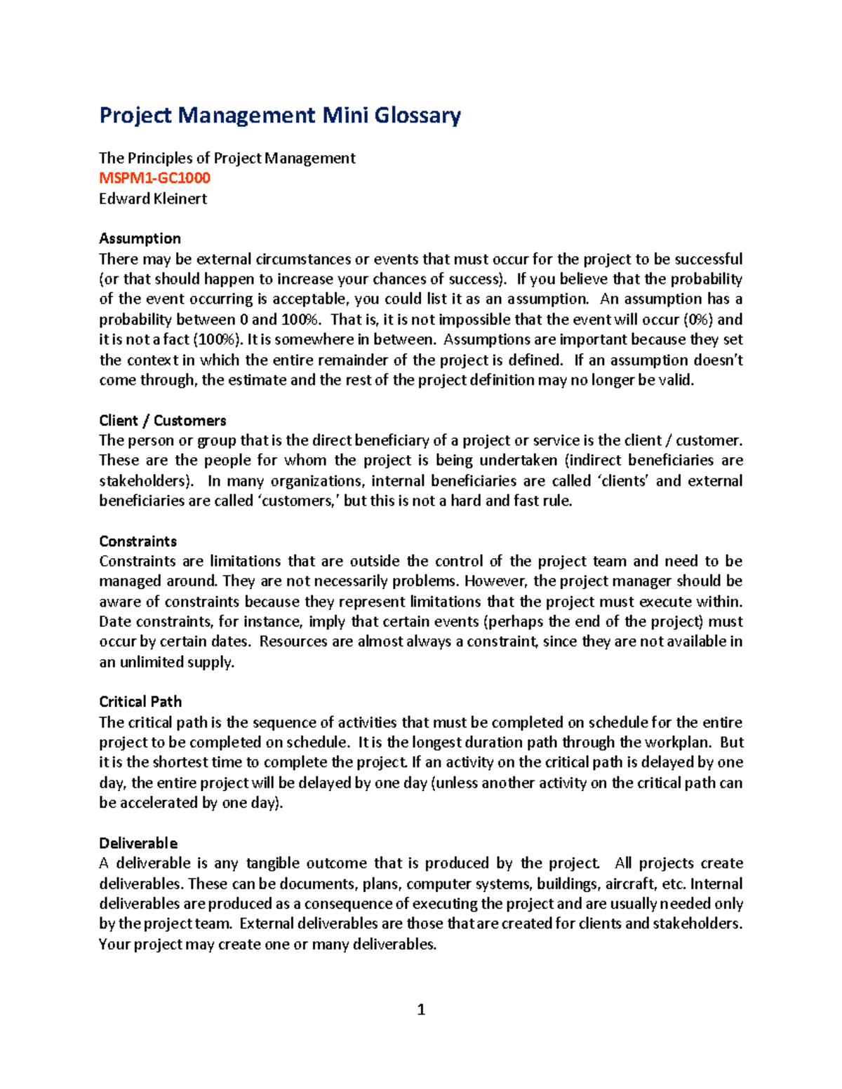 M1 Project Management Mini Glossary - Project Management Mini Glossary ...