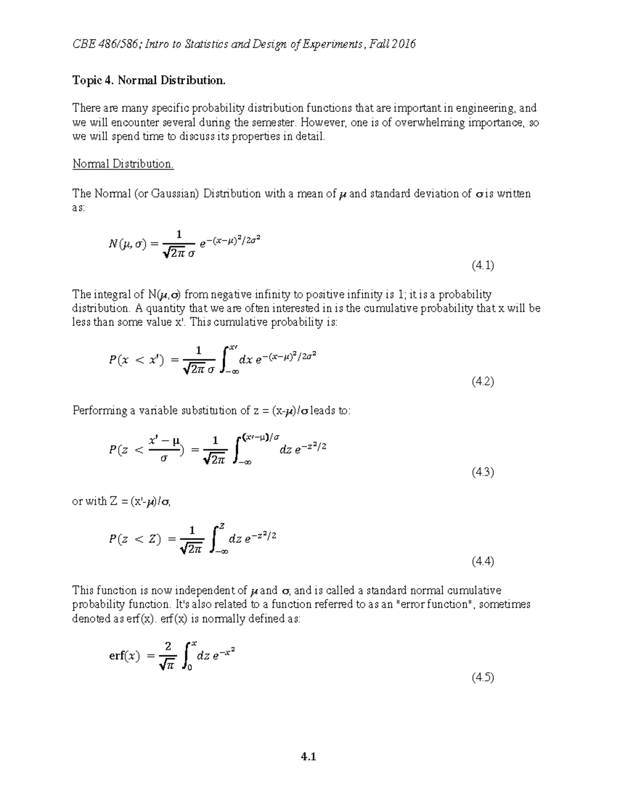 Topic 4 F16 - Normal Distribution - CBE 486/586; Intro to Statistics and Design of Experiments ...