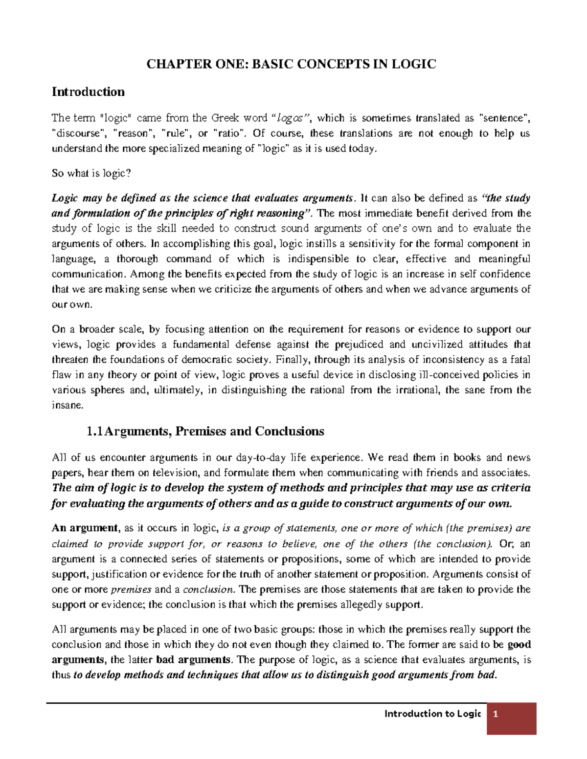 Introduction to Logic Handout - CHAPTER ONE: BASIC CONCEPTS IN LOGIC ...