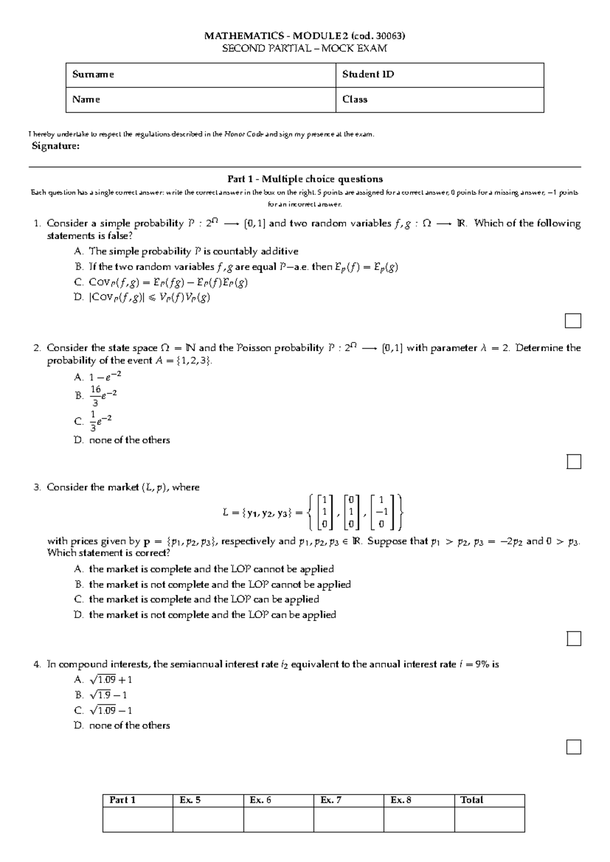 Partial mock exam - MATHEMATICS - MODULE 2 (cod. 30063) SECOND PARTIAL ...
