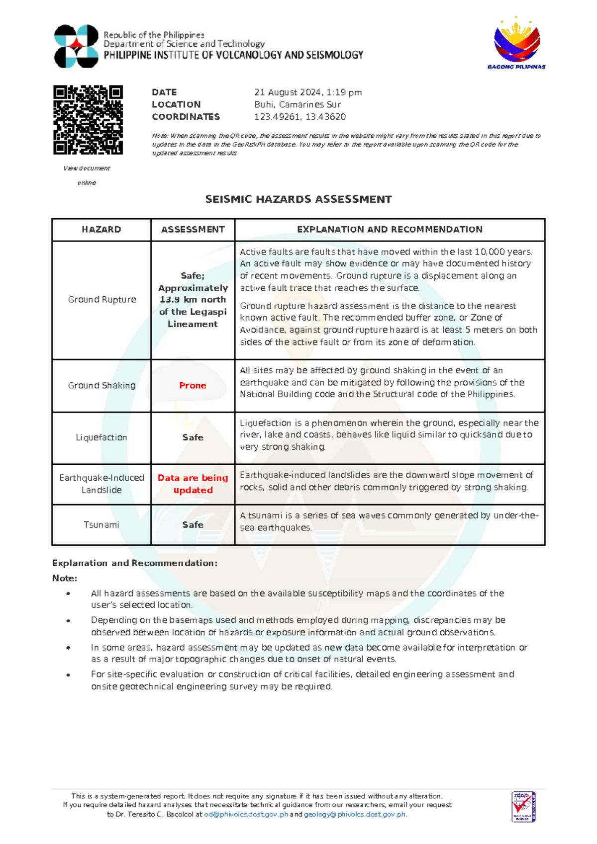 131941 Hazard Assessment Report - Explanation and Recommendation: Note ...
