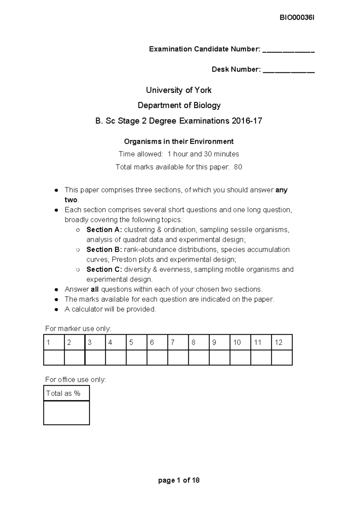 Exam 2016 Questions BIO00036I Examination Candidate Number Desk Number Studocu