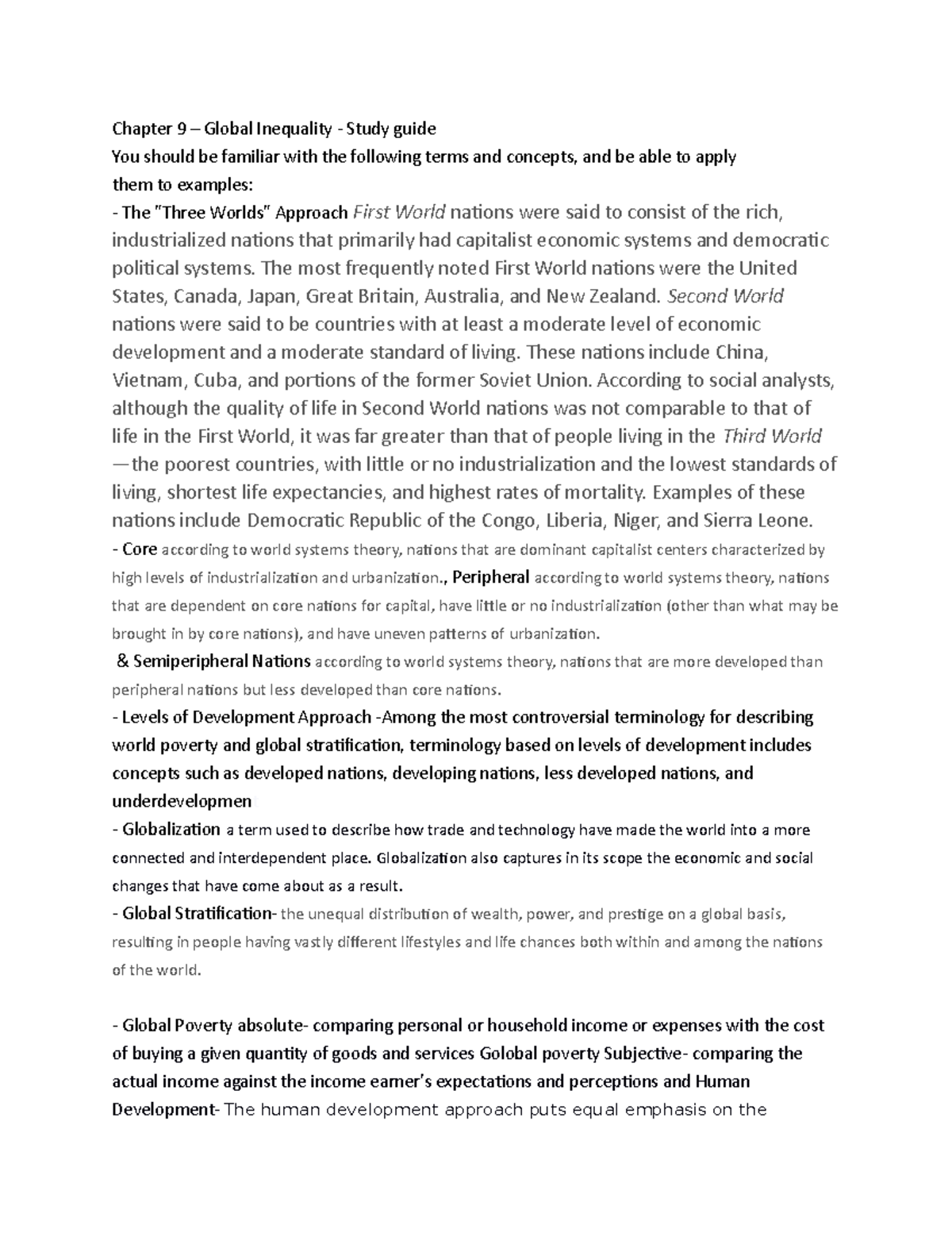 Document 13 - notes - Chapter 9 – Global Inequality - Study guide You ...