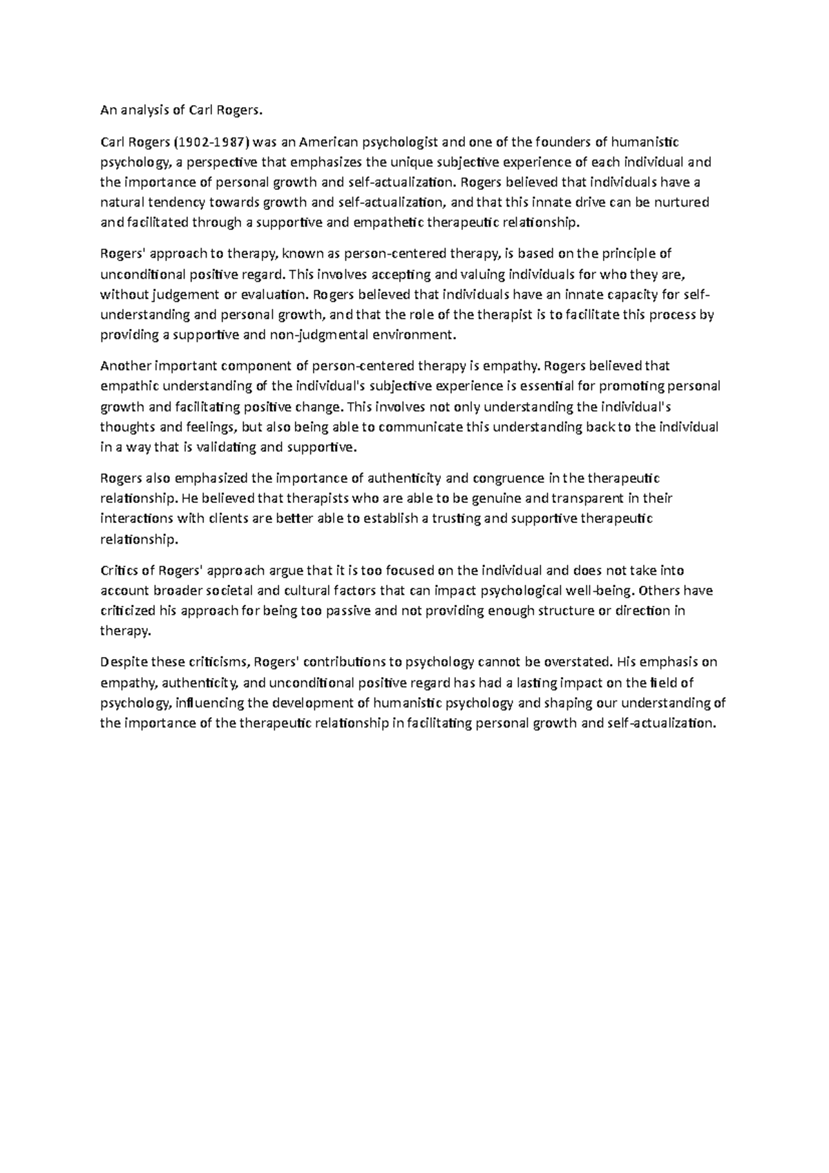 An analysis of Carl Rogers - Carl Rogers (1902-1987) was an American ...