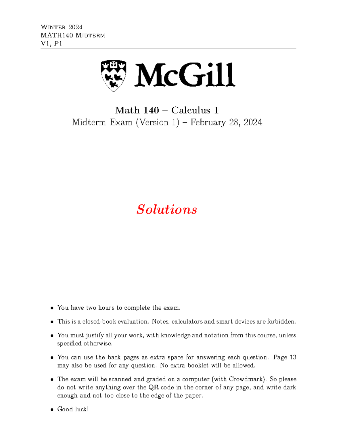 Midterm-Solutions - Final exam solutions - MATH140 Midterm V1, P Math ...