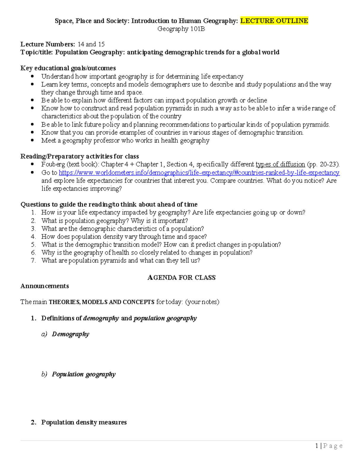Lecture 14 and 15 Population 2022 - Space, Place and Society ...