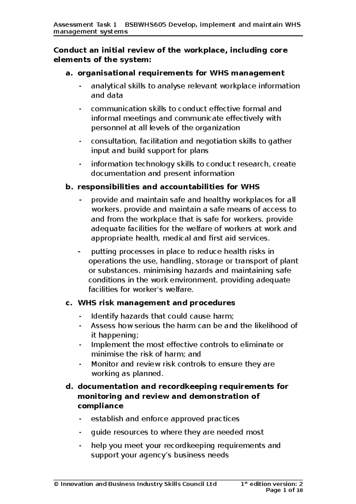 Develop, implement and maintain WHS management systems Bsbwhs 605 - management systems Conduct ...