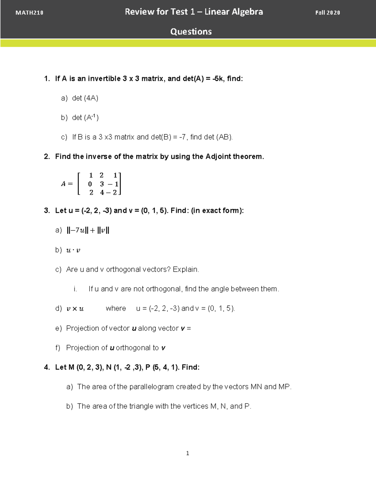 MATH 210 - Week 7 - Review for Linear Algebra Test ( Questions) - 1 ...