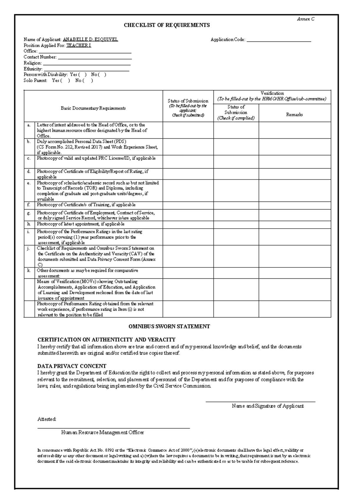Checklist OF Requirements Annex C - Annex C CHECKLIST OF REQUIREMENTS Name of Applicant ...