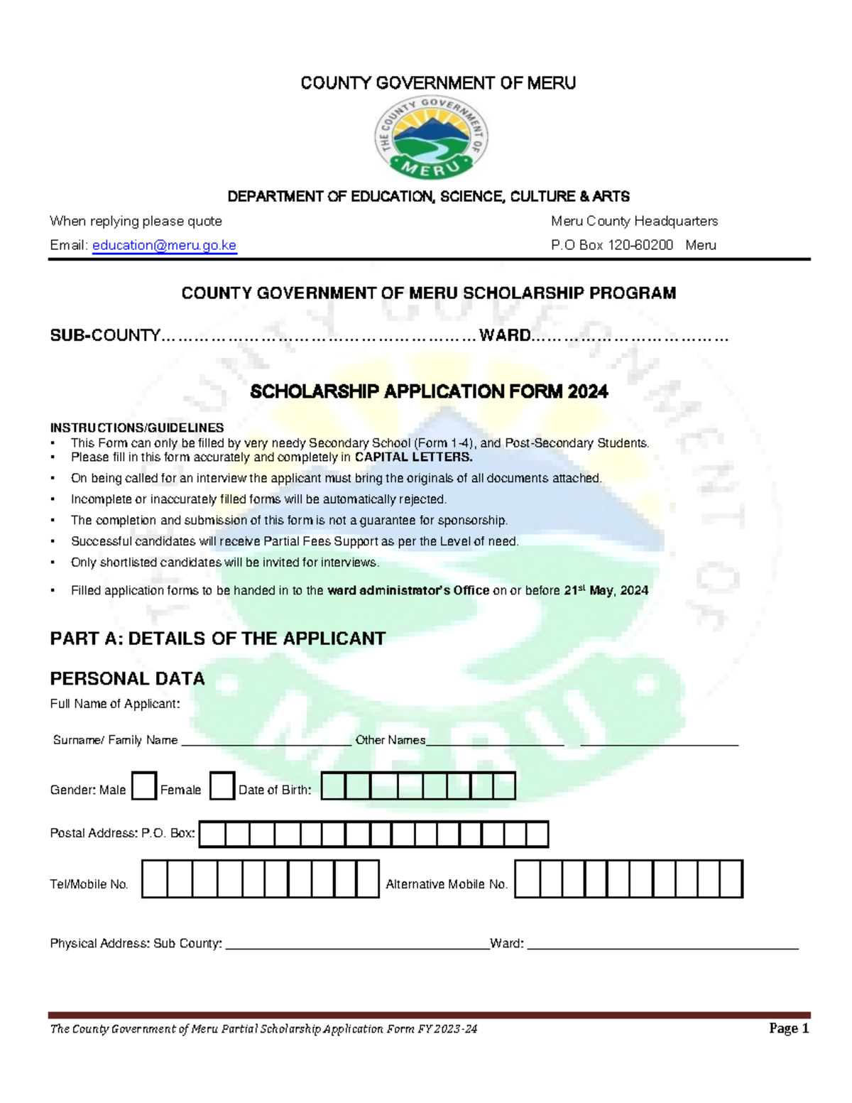 County Government OF MERU Scholarship Application FORM 2024 - COUNTY ...