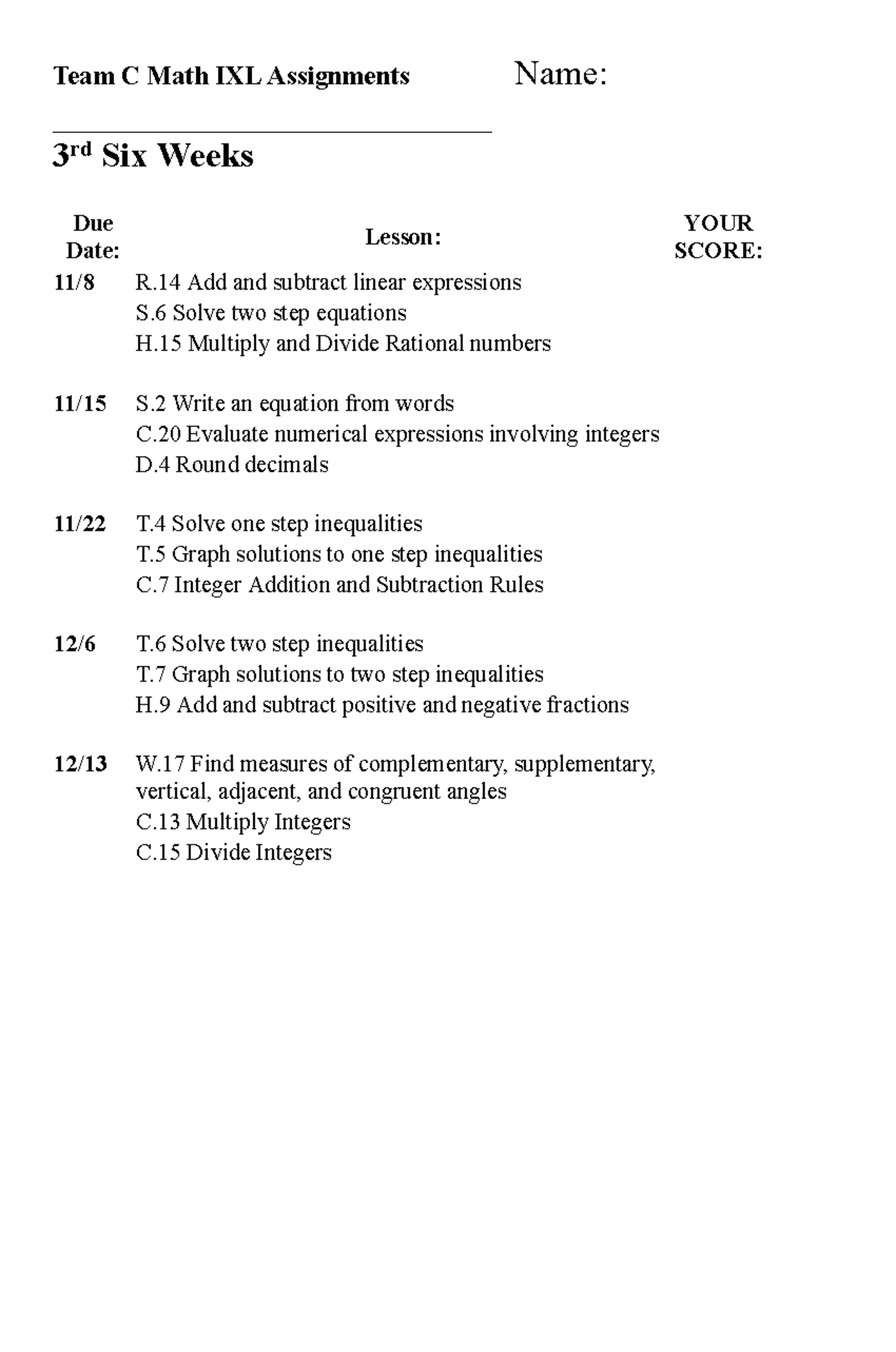 IXL Plan 3rd Six Weeks - Team C Math IXL Assignments Name ...