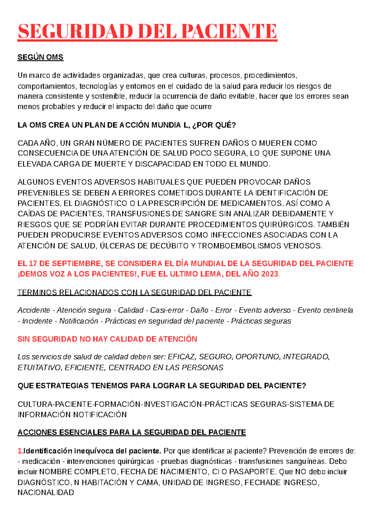 Seguridad DEL Paciente - SEGURIDAD DEL PACIENTE SEGÚN OMS Un marco de ...