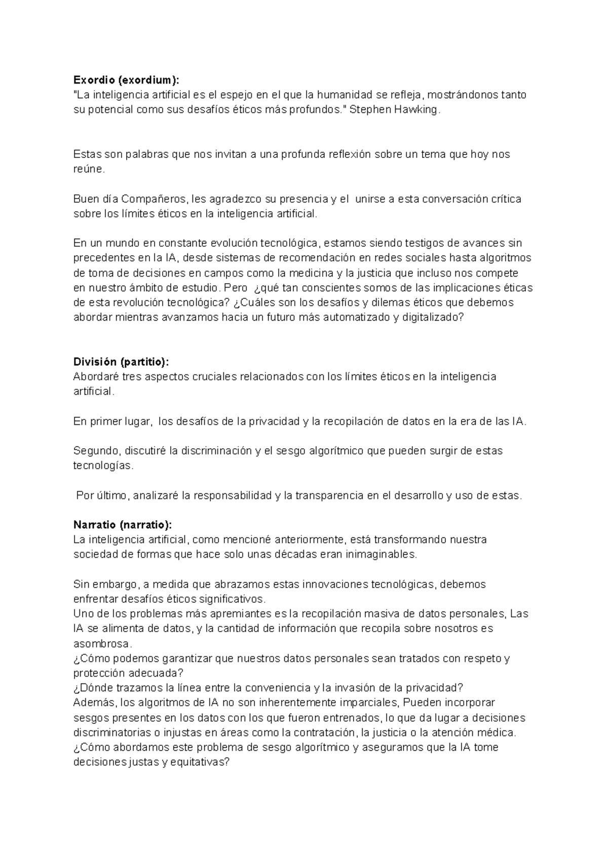 Discurso-2 - Trabajo practico discurso - Exordio (exordium): "La ...