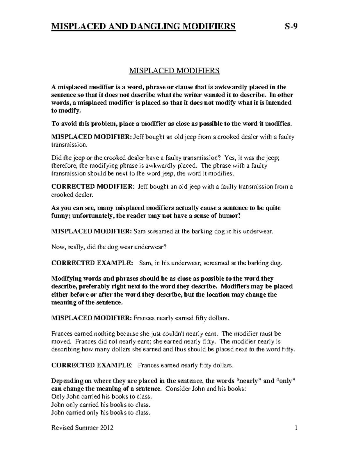 Misplaced-and-Dangling-Modifiers Part 1 - MISPLACED MODIFIERS A ...