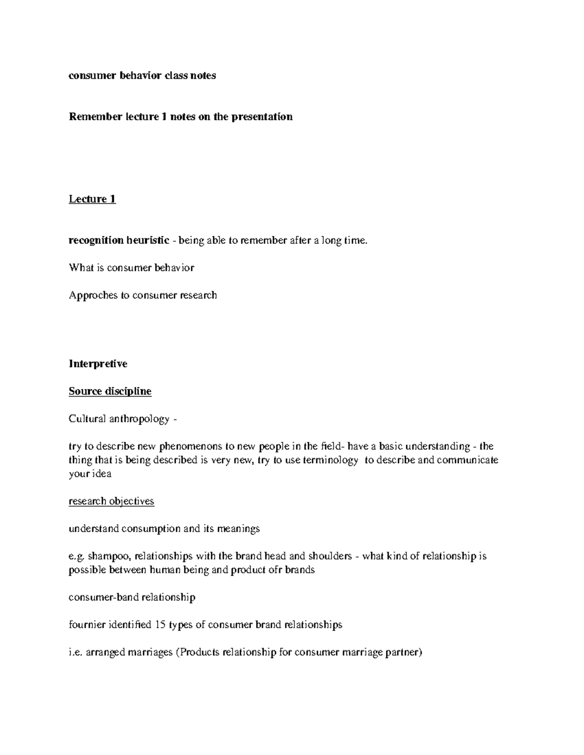 Mar notes - consumer behavior class notes Remember lecture 1 notes on ...