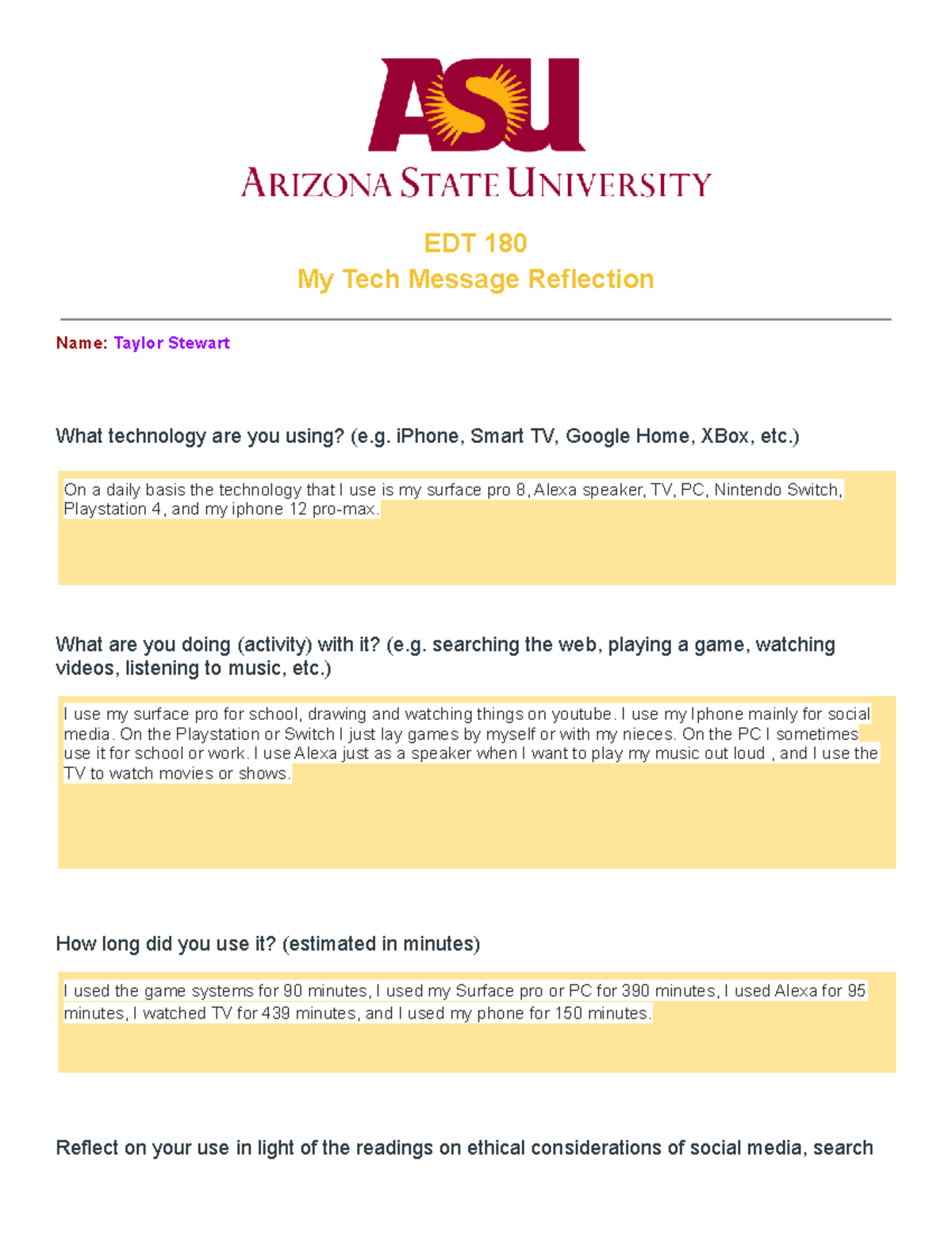 M2 My Tech Message Reflection - EDT 180 My Tech Message Reflection Name ...