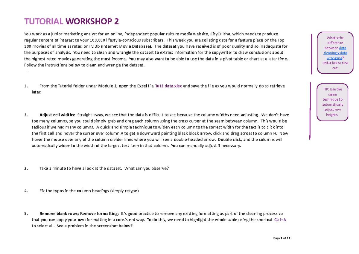 Tutorial 2 - TUTORIAL WORKSHOP 2 You work as a junior marketing analyst ...