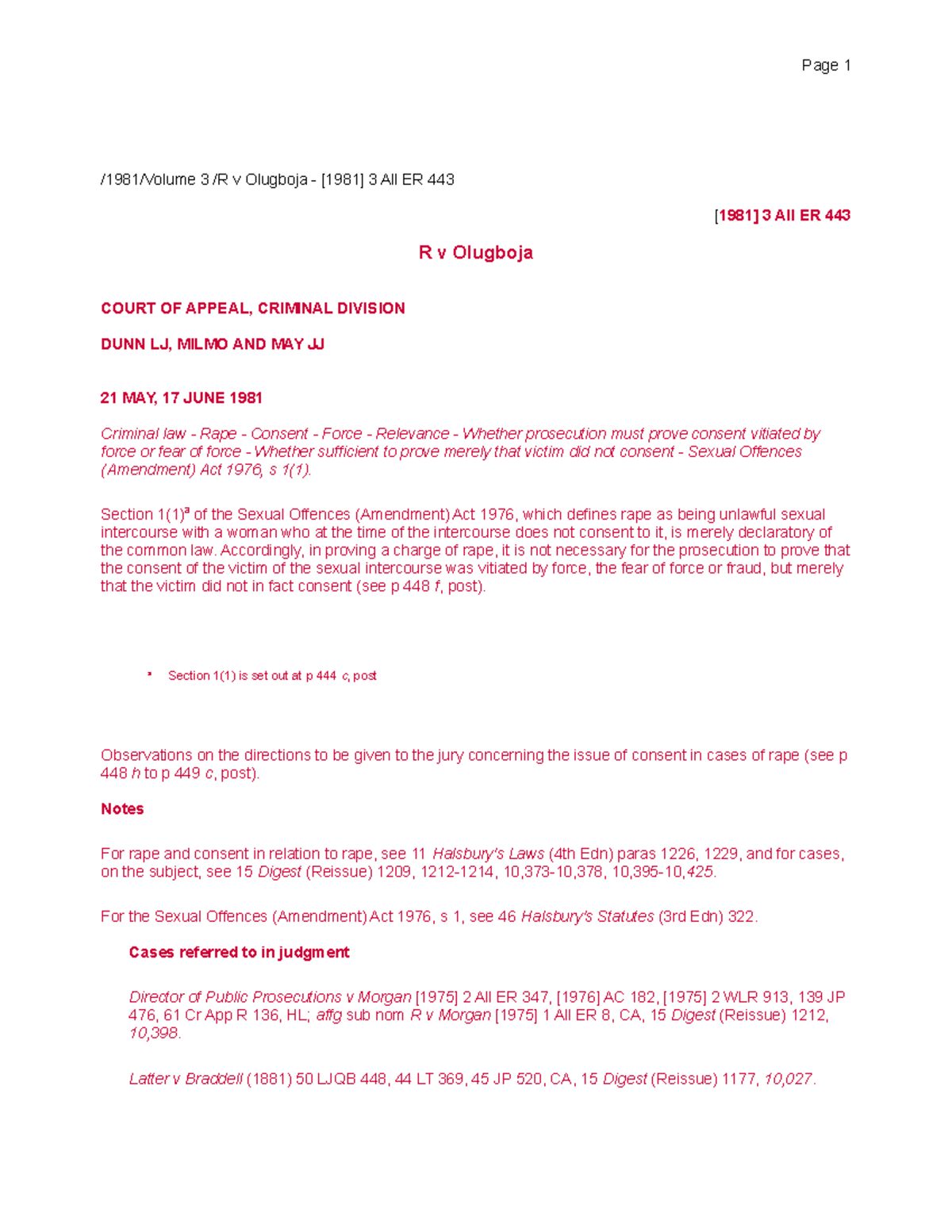 R v Olugboja - [1981] 3 All ER 443 - /1981/Volume 3 /R v Olugboja - [1981] 3 All ER 443 [ 1981 ...