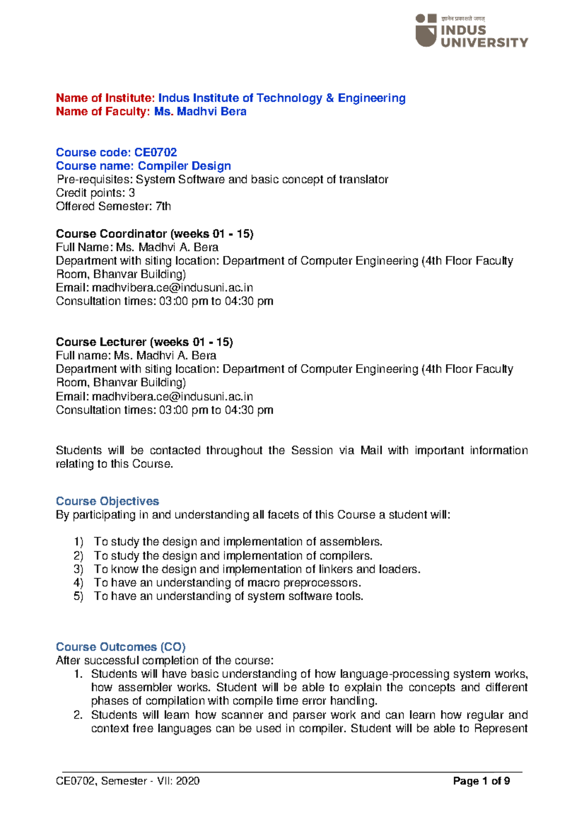 Course File CE0702 Compiler Design - Name of Institute: Indus Institute ...