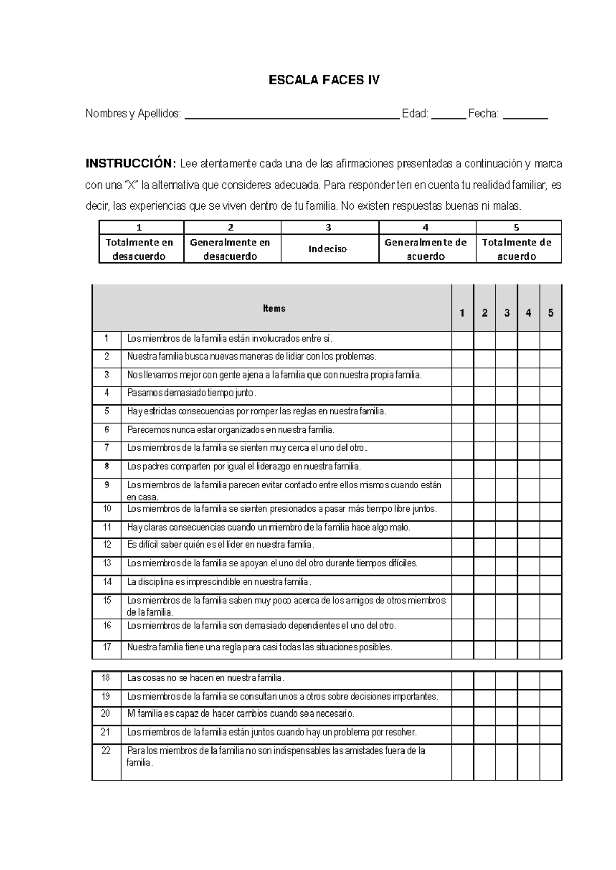Escala Faces IV - ESCALA FACES IV Nombres y Apellidos ...