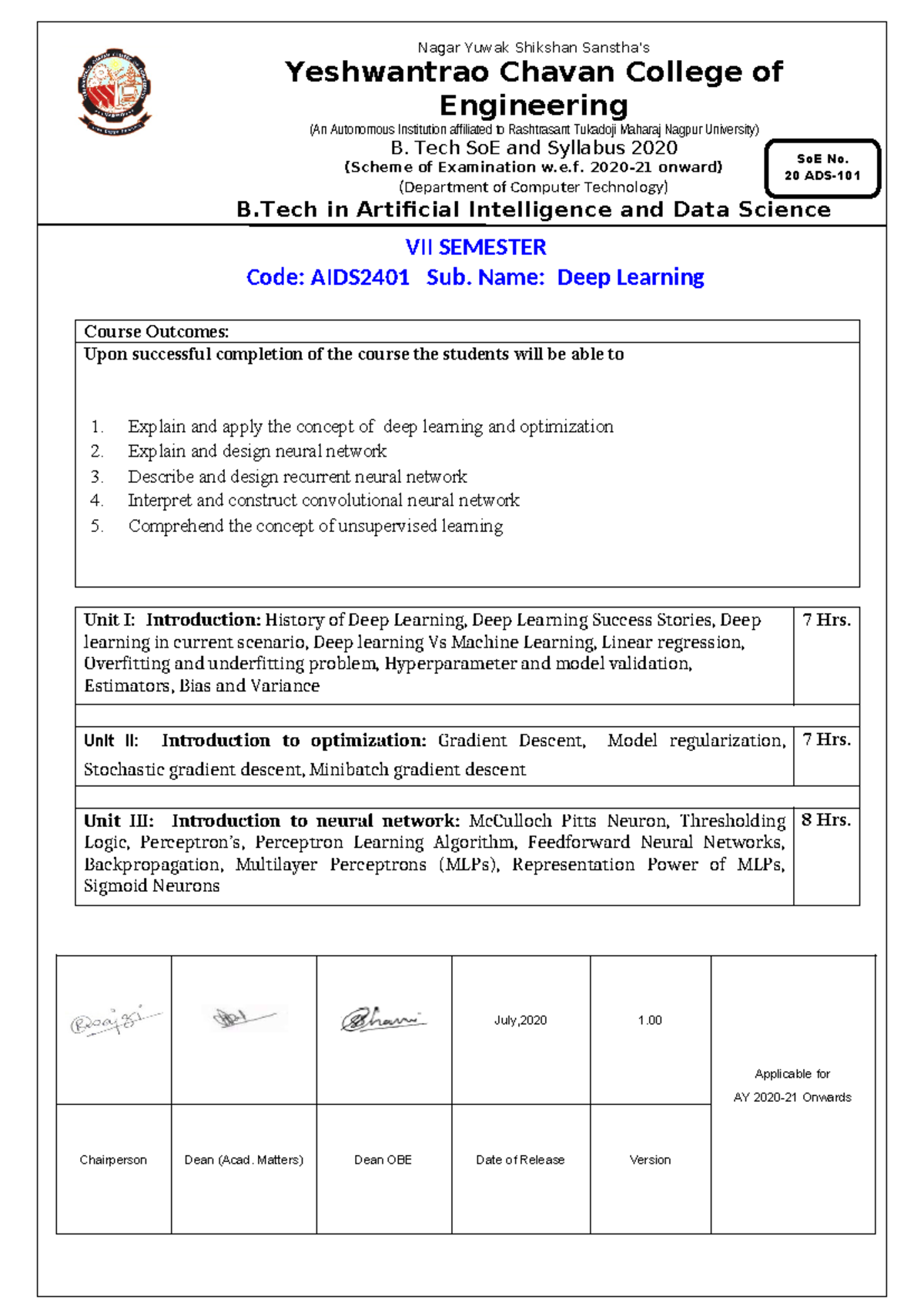 Deep learning - Syllabus - SoE No. 20 ADS- Yeshwantrao Chavan College ...