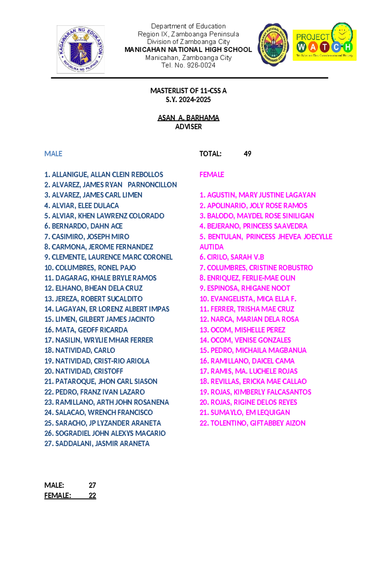 Masterlist CSS A 2024 2025 - Department of Education Region IX ...