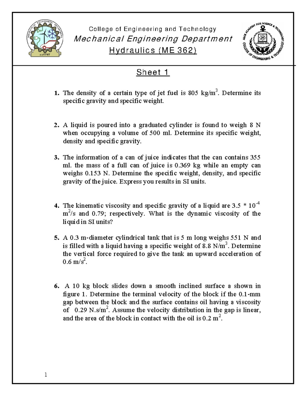 Dr Rola ME 362 Sheet 1 - AAST - College of Engineering and Technology ...