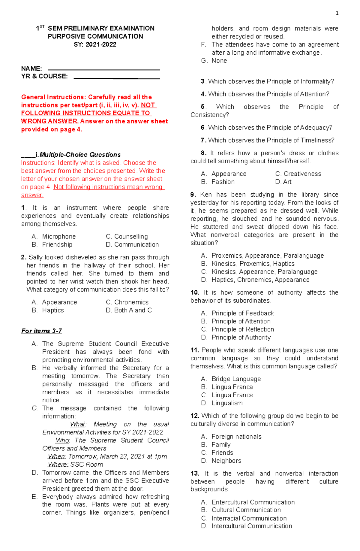 Prelims Purposive- Communication - 1 ST SEM PRELIMINARY EXAMINATION PURPOSIVE COMMUNICATION SY ...