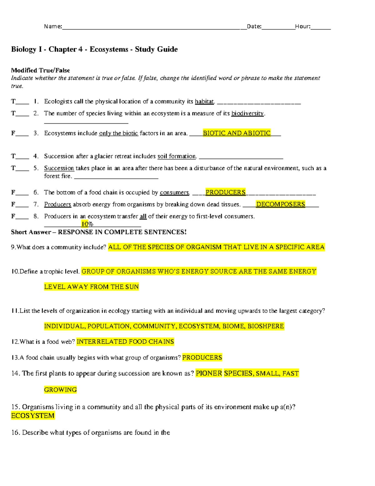 Ecology study guide ch. 4 and 5 key - Biology I - Chapter 4 ...