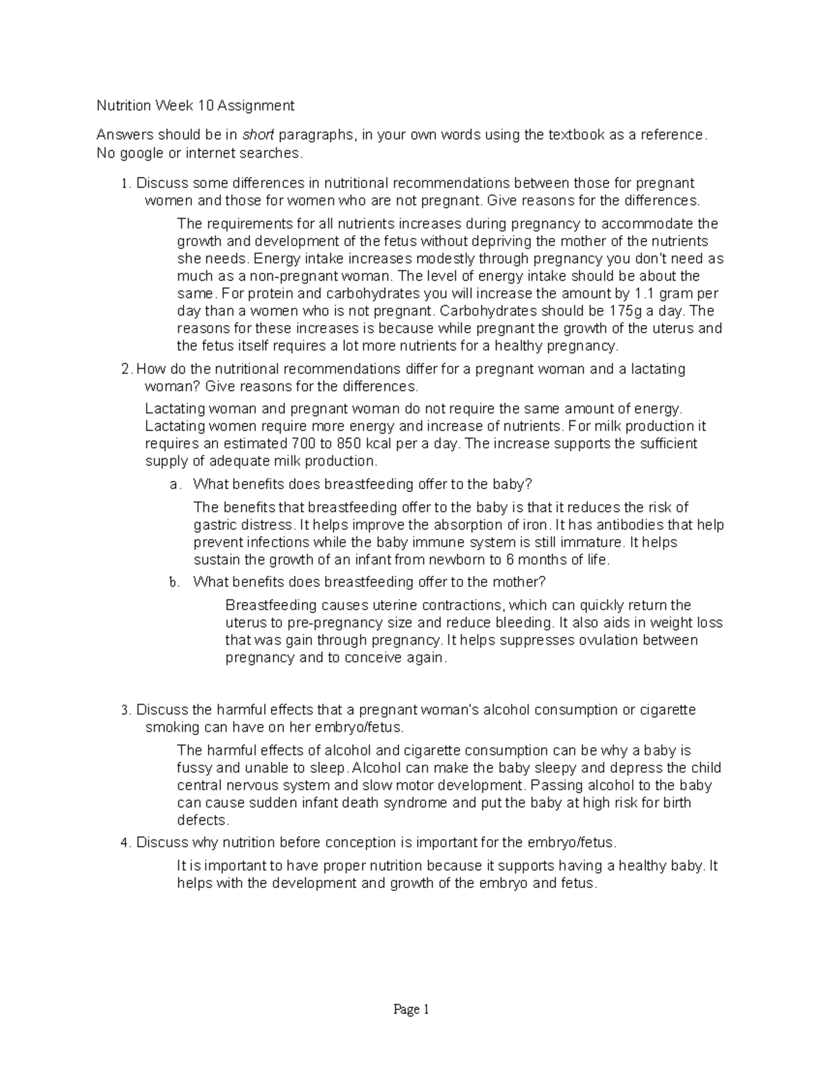 Week 10 Assignment - Nutrition Week 10 Assignment Answers should be in ...